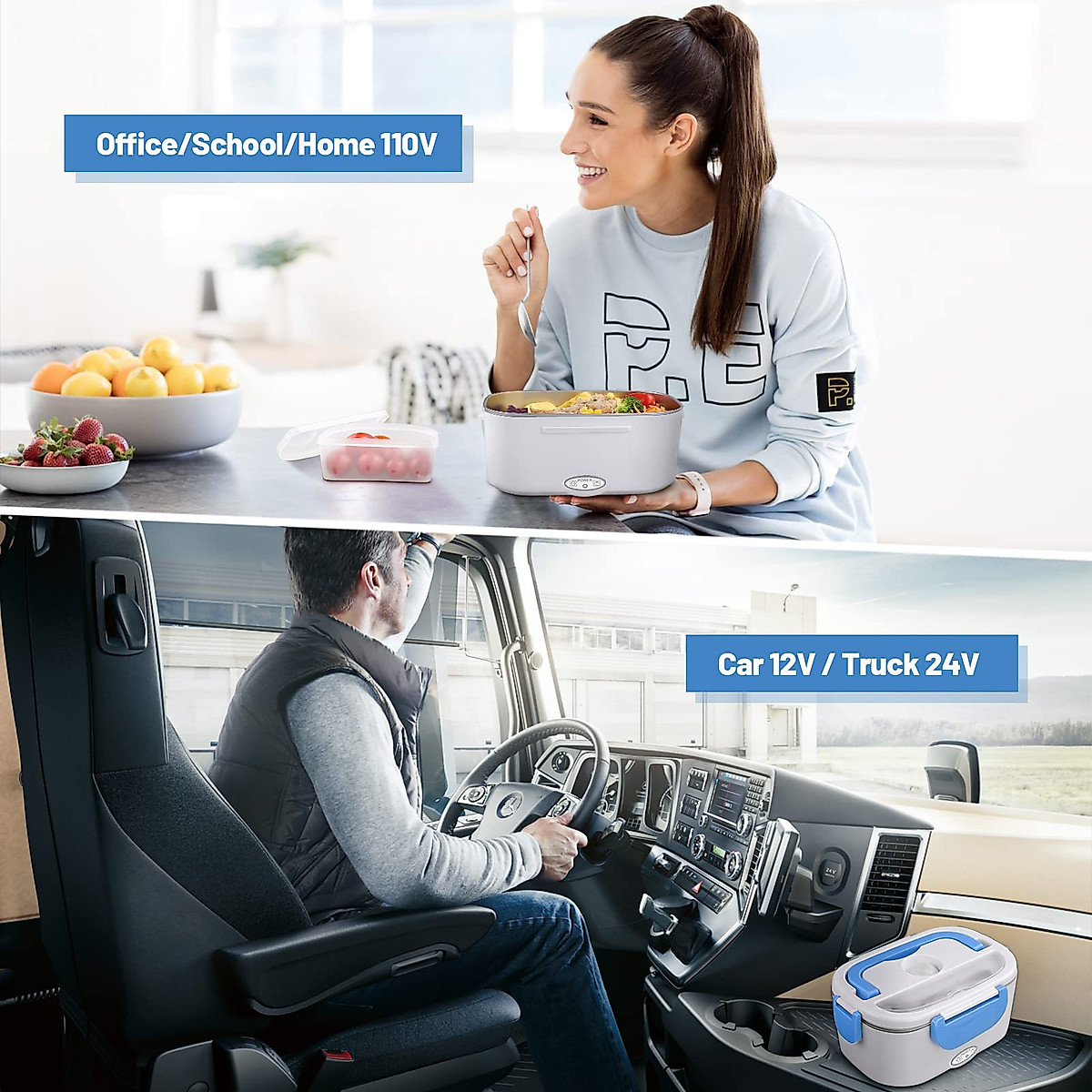 Electric Lunch Box Food Heater, Luncheaze Self Heated Lunchbox 60W Portable Microwave for Car/Truck/Home with 12V/24V/110V Cable, 2 Compartments, Stainless Steel Container, Fork & Spoon, Carry Bag