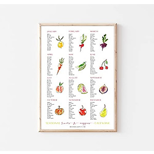 Seasonal Fruit and Vegetable Calendar print of original watercolor art - 12"x18" - unframed - Kitchen Decor, Dining Room Wall Art, Health Poster for Classroom