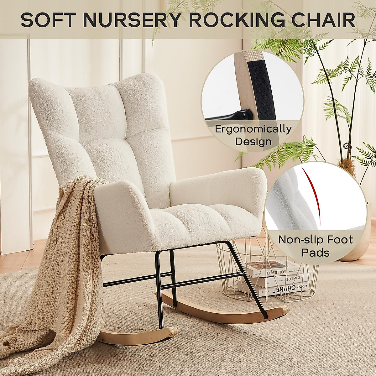Sudwesto Modern Nursery Rocking Chair, Upholstered Glider Chair with High Backrest, Rocker Accent Armchair with Solid Wood Legs for Nursery Bedroom Living Room (Cold White Teddy)