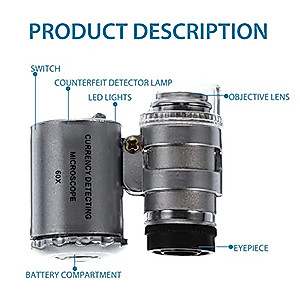 NUOBESTY 60X Mini Microscope ABS Plastic Pocket Magnifier Loupe Magnifying Glass with LED Light for Detecting Counterfeit Currency Jewelry