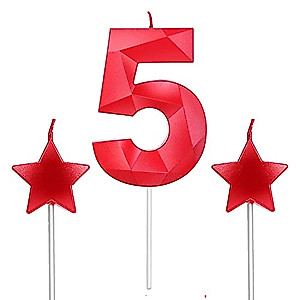 5th Birthday Candles and Star Heart Candles 2.76 Inch for Birthday Cakes Decorations Wedding Anniversary Celebration Number 5 50 15 51 52 53 54 55 56 57 58 59(Red,5)