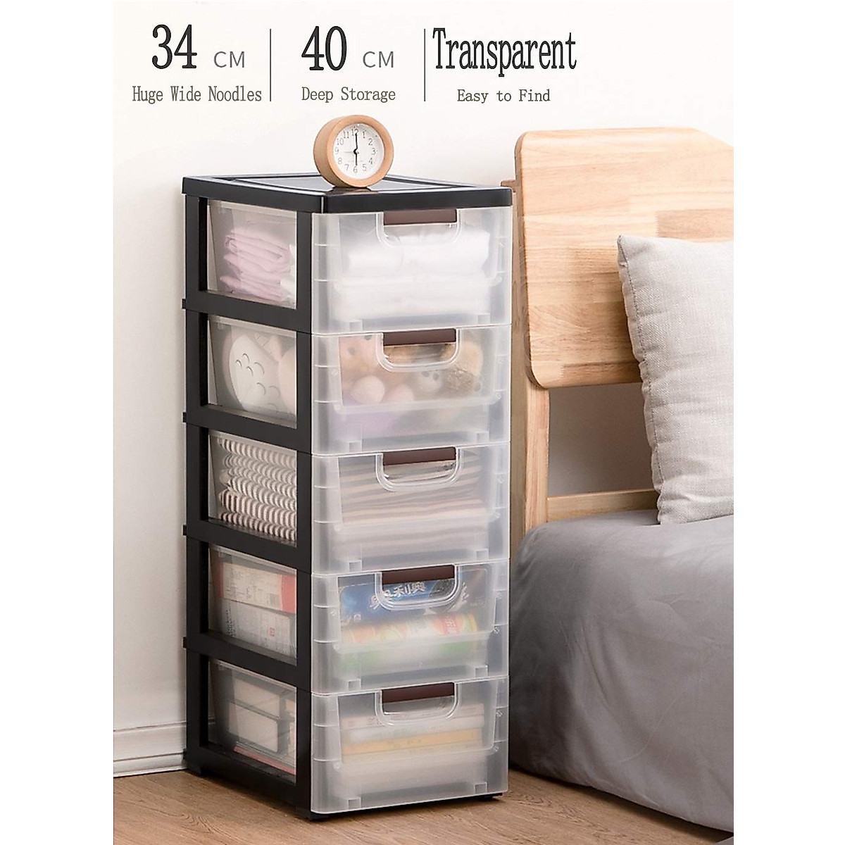 TENGZHENSHOP 5-Drawer Rolling orage Cart on Wheels, Clearview Craft orage ntainers Bins, Black Frame & Clear orage Drawers