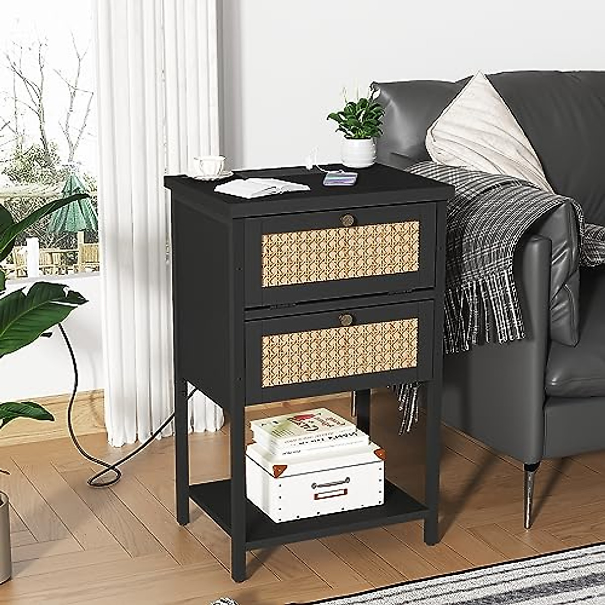 End Table with Charging Station, 2 Tier Rattan Decorated Nightstand with USB Ports and Outlets, Bedside Table with Drawer, Black Modern Sofa Side Table for Bedroom, Living Room, Office