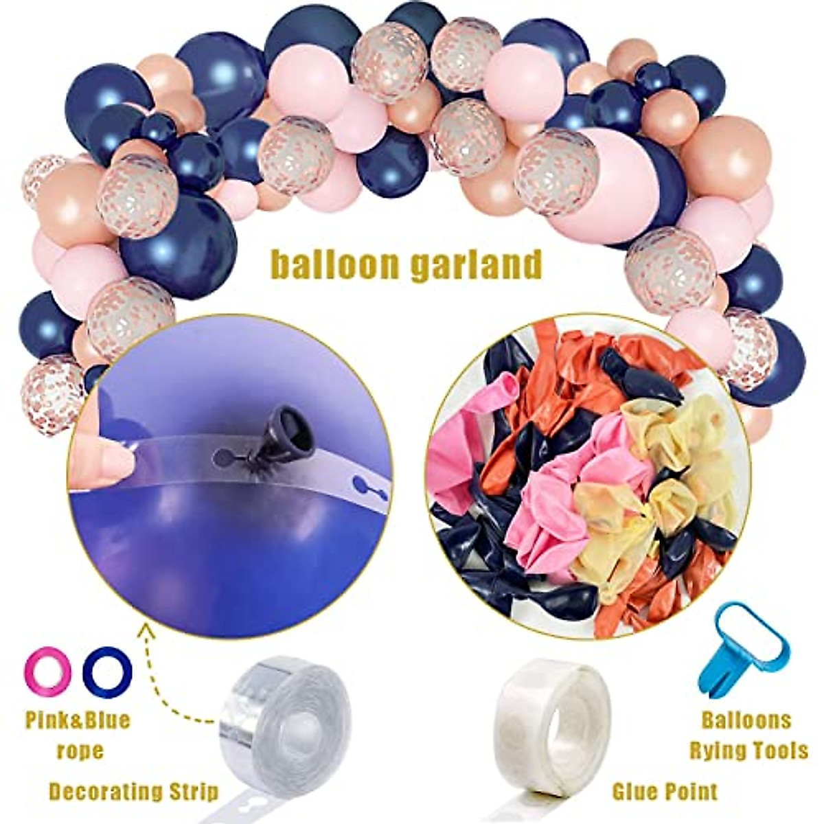 Gender Reveal Decorations Navy Blue and Blush Gender Reveal Backdrop ,He or She Gender Reveal Tablecloth, Navy Blue and Rose Gold Gender Reveal Balloons Garland Kit for Baby Shower Party Supplies
