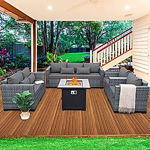 Valita Patio Rattan Furniture Set with Gas Fire Pit Table,5-Piece All Weather Gray Outdoor PE Wicker Resin Chairs and Couch,Sectional Conversation Sofa Set with Gray Cushions