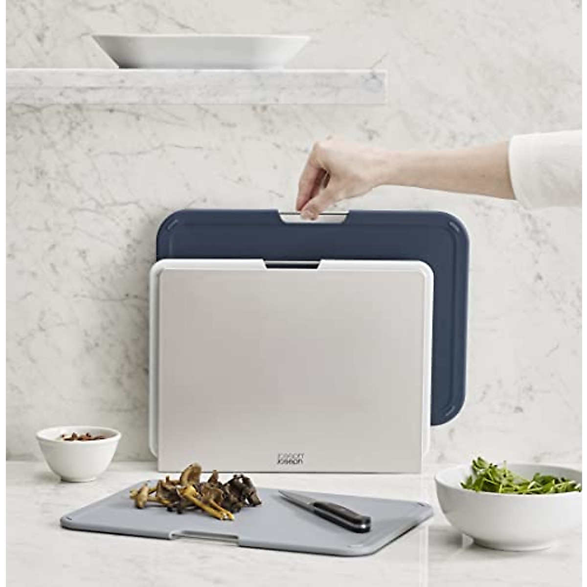 Joseph Joseph Nest Plastic Cutting Set with Storage Stand 3 Different Sized Boards, Large, Grey