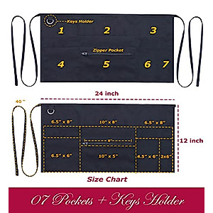 TEXVIDA 7 Pockets Server Aprons with Zipper Pocket (2 Pack) - Commercial Grade Aprons for Women Men - Waiter Waitress Waist Half Apron - Black 24x12