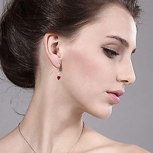 Gem Stone King 14K Yellow Gold Red Created Ruby and White Zirconia Drop French Wire Earrings For Women (1.42 Cttw, Gemstone July Birthstone, Heart Shape 5MM, Round 3MM)