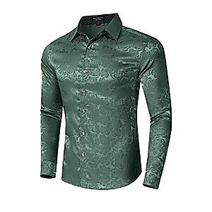 EliteSpirit Mens Rose Printed Dress Shirts Floral Button Down Shirt Long Sleeve Shirts for Party Prom Green S