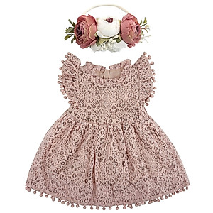 BGFKS Baby Girl Tutu Dress Elegant Lace Pom Pom Flutter Sleeve with Flower Headband Set(Dusty Rose,12 Months)