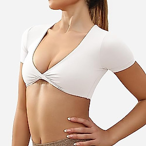 YEOREO Kyla Workout Crop Tops for Women Short Sleeve Twist Front Crop Tank Top Padded Sports Bra Casual Shirts Milk White M