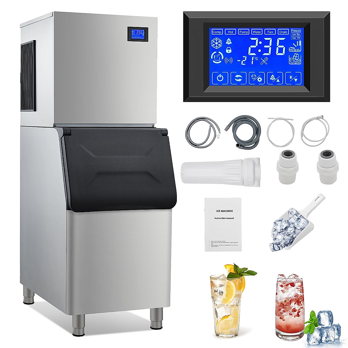 Commercial Ice Maker 350Lbs/24H, 1000W Stainless Steel Ice Machine with 310Lbs Ice Storage Bin, Free-Standing Ice Maker with LCD Panel Auto Operation, Industrial Ice Machine for Business