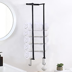 MallKing 3-Tier Over The Toilet Rack Wooden Bathroom Spacesaver and Wall Towel Rack Metal Bathroom Rolled Towels(Black)