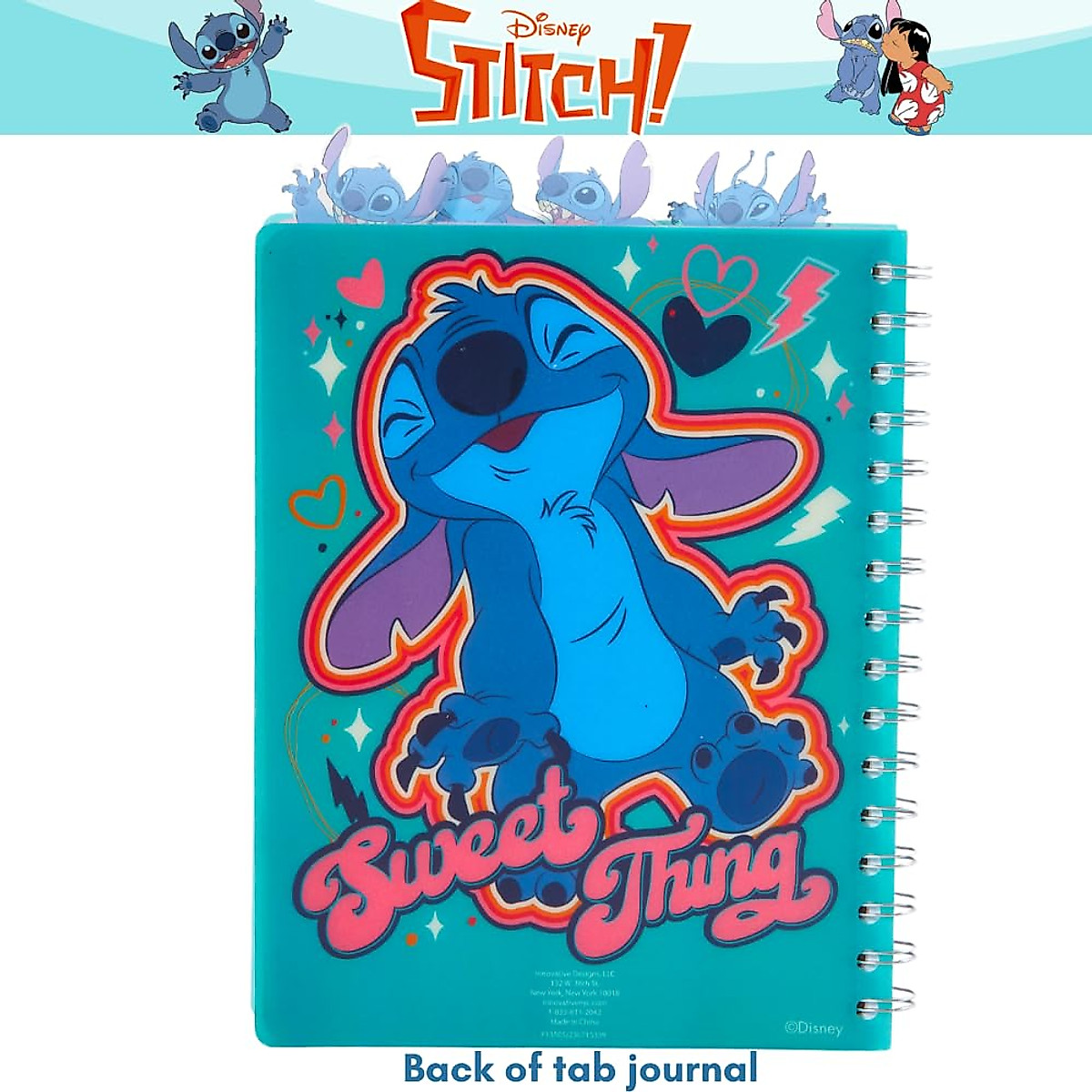 Innovative Designs Disney Stitch Tab Journal Spiral Notebook, Ballpoint Pen, Sticky Tabs, 96 Lined Pages, Blue