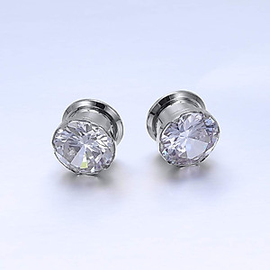 ZS Gorgeous Cubic Zirconia Tunnels Plugs 316L Stainless Steel Screw Tunnels Ear Expander Stretcher Piercing Ear Gauges Black Tunnel Gauges (Silver, 0g(8mm))