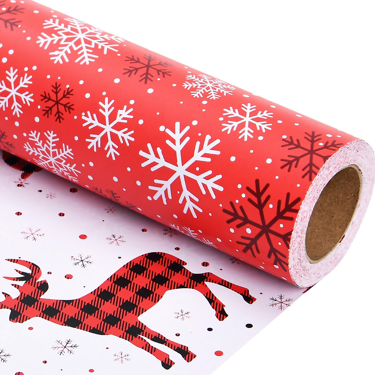 Sikiweiter Christmas Wrapping Paper Rolls -Mini Roll 17 Inch X 33 Feet - Reversible Red Christmas Wrapping Paper, Plaid Reindeer and Snowflake Design Christmas Wrapping Paper(Christmas)