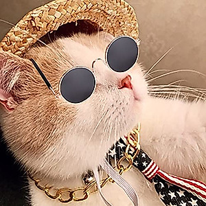 4Pcs Cat Glasses Cat Gold Chain Necktie and Straw Hat, Fashion Cool Pet Sunglasses Adjustable Pet Gold Chain Set Classic Funny Pet Accessories for Cats and Small Dogs