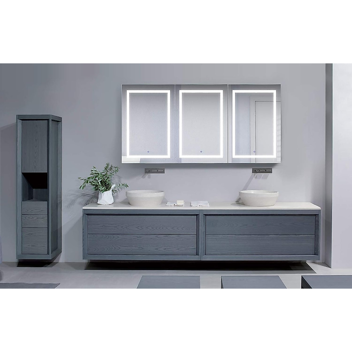 Krugg LED Medicine Cabinet 72 Inch X 36 Inch | Recessed or Surface Mount Mirror Cabinet w/Dimmer & Defogger + 3X Makeup Mirror Inside & Outlet + USB(Left Right Right)