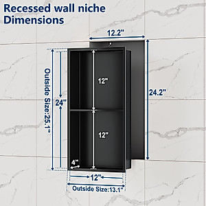 Neodrain No Tile Shower Niche, Stainless Steel Wall Niche 13.1"X25.1"(Inner Size 12"X24"), Two-Tier Bathroom Shelf, NO Tile Needed Recessed Niche Shower for Bathroom Storage, Matte Black