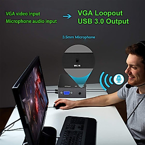 VGA Capture Card, VGA to USB Capture Device with VGA Loopout, Mic Input Support HD 720P Video for Gaming, Streaming, Teaching, Video Conference, Live Broadcasting