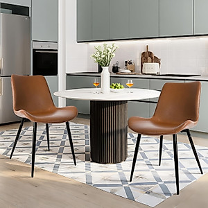 CangLong Dining Chairs Set of 2 in Faux Leather Brown Cushion Seat, Upholstered Dining Accent Side Chairs with Comfy Back and Sturdy Black Metal Legs for Living, Restaurant & Meeting Room, Brown