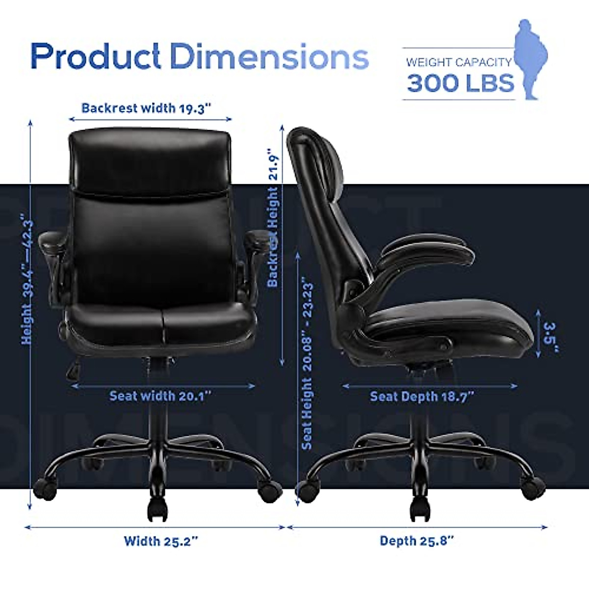Executive Home Office Chair-Ergonomic Computer Desk Chair with Padded Flip-up Arms, Adjustable Height and Tilt, Soft Leather Office Chair Swivel Rolling for Adult Teens Working, Study, Gaming (Black)