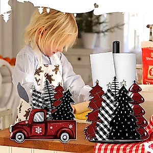 Christmas Paper Towel Holder, Red Truck Christmas Decoration, Buffalo Plaid Christmas Tree Towels Paper Holder for Kitchen Countertop Bathroom Home Farmhouse, Winter Replaceable Xmas Tree Decor Indoor