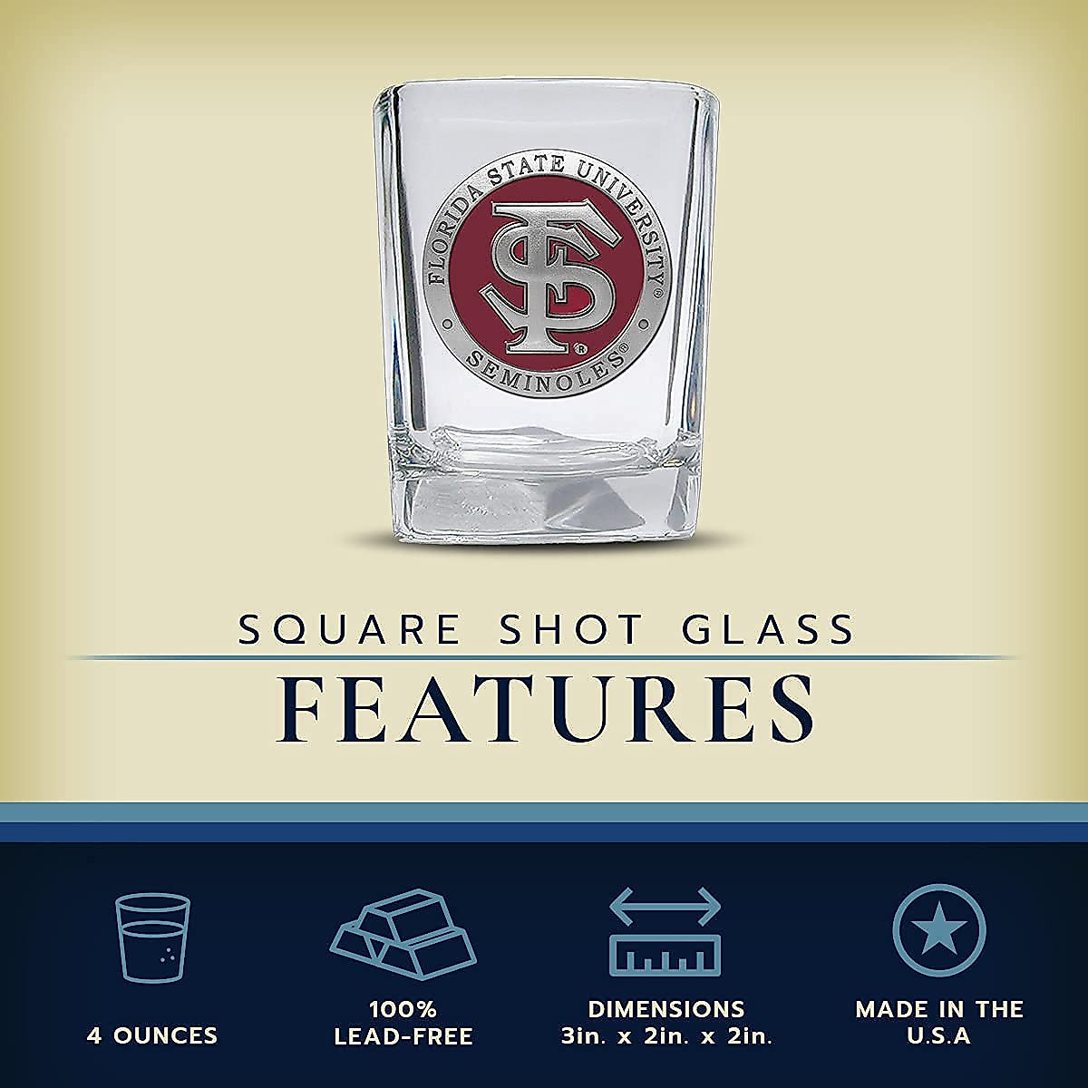 Heritage Pewter Florida State University Square Shot Glass | Hand-Sculpted 1.5 Ounce Shot Glass | Intricately Crafted Metal Pewter Alma Mater Inlay