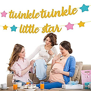 Twinkle Twinkle Little Star How We Wonder What You Are Banner Gender Reveal Decorations He or She Pink Blue Gold Star Baby Shower Party Supplies Glitter Décor Pre-Strung