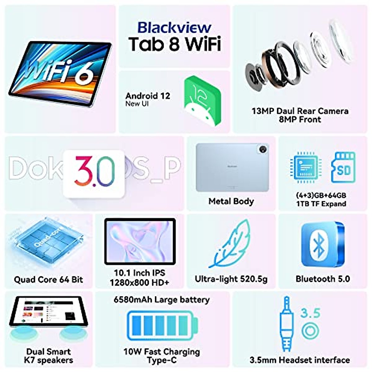 Blackview Tablet Android 12 Tab 8 WiFi Tablets 10.1 Inch 7GB(4+3 Expand) RAM+64GB/1TB ROM Quad Core Processor 6580mAh 1280×800 HD+IPS Display 13MP+8MP Daul Camera WiFi 6 BT 5.0 GMS Blue