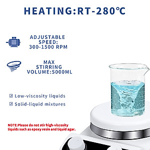 LACHOI Magnetic Stirrer Hot Plate Mixer 280℃ Hot Plate Magnetic Stir Plate 300-1500RPM 5000ml Stirring Capacity Magnetic Hotplate Stirrer with Stirring Bar Lab Stirrer(Heating)