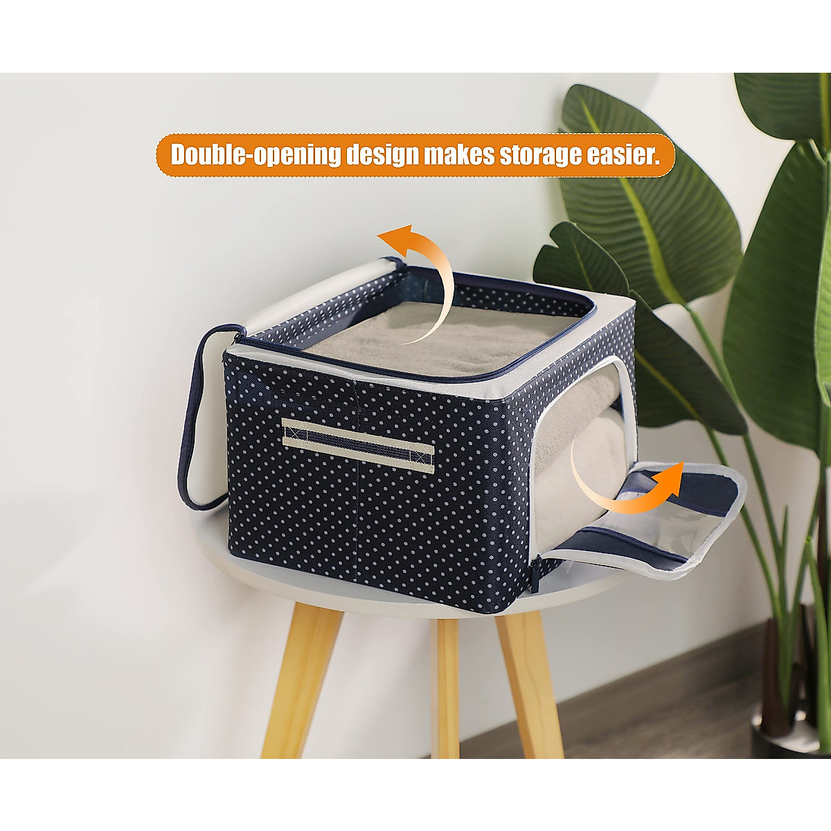 Furnhome Clothes Storage Organizer Bins, Foldable Storage Bins-Oxford Cloth Steel Frame Storage Box for Clothing Storage with Foldable Clear Window & Reinforced Handles (Navy Dots, 22L, 3PCS)…