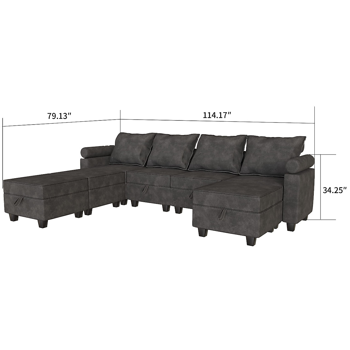 Tbfit Modular Sectional Sofa with Storage Ottoman, Convertible Oversized Couch with Reversible Chaises, Sleeper Sofa with Adjustable Arm for Living Room, 7 Seated, Dark Grey