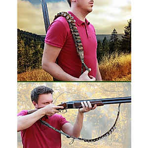 Underalert Shotgun Sling 12 Gauge with 15 Shell Holders, Adjustable Gun Sling with Thumb Loop and Built-in Swivels, 12ga Shotgun Strap for Hunting Turkeys, 2 Point Shot Gun Bandolier (Waterfowl Camo)