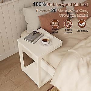 KASLANDI C Shaped End Table for Couch, C Table with Wheels, Wooden Couch Table Adjustable Desktop for Living Room,Bedroom（White）
