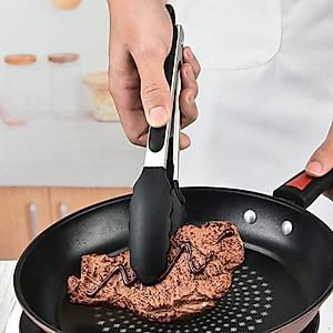 2-Pack of 9" (Small) & 12" (Large) Kitchen Tongs Set: Non-Stick Silicone-Stainless Steel Cooking Tongs, BPA Free, Heat Resistant (480°F) - Non-Slip Grip & Locking Metal Food Tongs (Black)