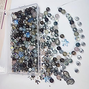 750 Pcs Smoke Gray Glass Beads for Bracelets with 200 Acrylic Letters,Mixed Craft Beads Jewelry Making Kit, Glass Beads Bracelet Making Kit, 8mm Round Cystal Beads with Seed Beads for DIY Working