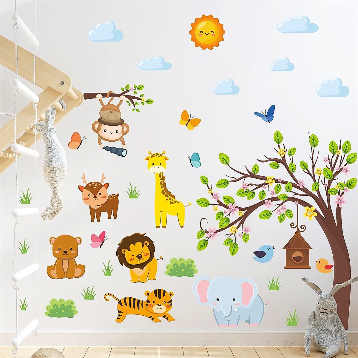 Jungle Animal Wall Decals Cartoon Tree Animal Wall Stickers Forest Animal Wall Decals Peel and Stick Elephant Woodland Animal Wall Decal for Girl Boy Room Kids Baby Room Nursery Playroom Bedroom Decor
