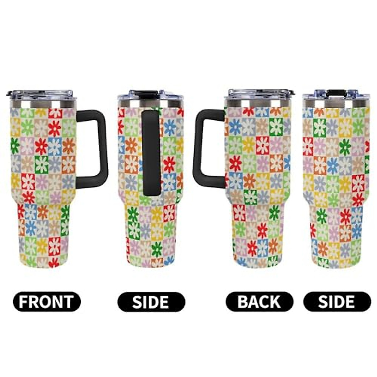 KPLBNAS Colorful Bold Aesthetic Checkered Flower Pattern 40 Oz Tumbler with Handle And Straw Lid, Insulated Reusable Stainless Steel Travel Mug Travel Mug for Hot And Cold Stainless Steel Vacuum Mug