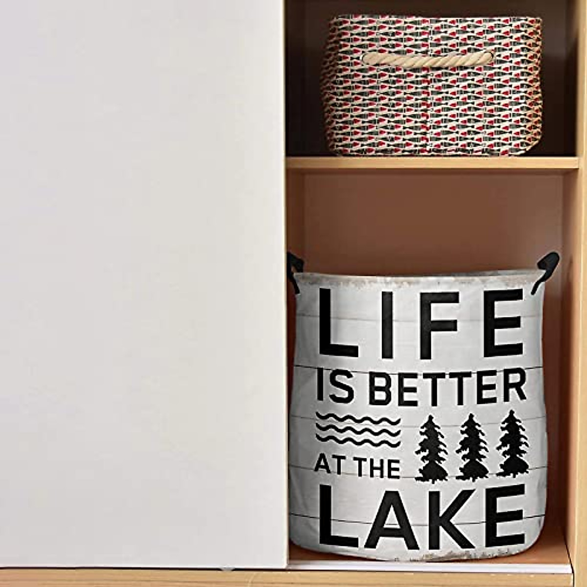 Laundry Basket Trees Shrubs Lake Farmhouse Retro White Plank,Waterproof Collapsible Clothes Hamper Life is Better Quote,Large Storage Bag for Bedroom Bathroom