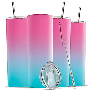 FineDine Insulated Skinny Stainless Steel Tumbler Set - 4-Pack 20oz Tumbler with Straw - Travel Mug With PBA Free Lids - Slim Vacuum Keep Hot and Cold - For Home, Office. (Pacific Blue Rose Blend)