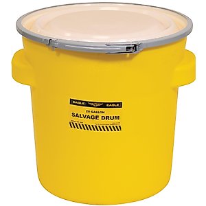 Eagle 20 Gallon Plastic Drum with Lid, Metal Lever-Lock, 20.4"x20.9", Salvage Drum Made of Durable, Lightweight HDPE, Withstands Weather and Chemicals, Made in USA, Yellow, 1654