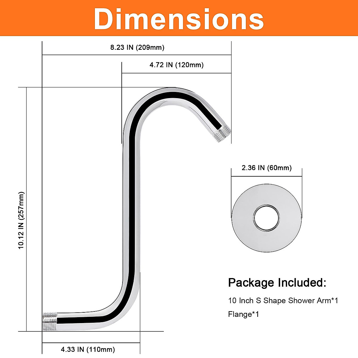 HarJue S Shaped Shower Arm, High Rise Shower Head Extension Pipe Standard 1/2" Connection with Flange, Awesome Shower Experience-Stainless Steel Bathroom Accessory(10 Inch S Shape, Chrome Finish)