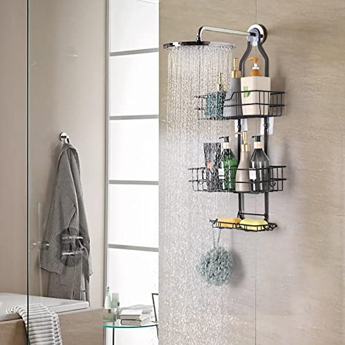 Tuenort Hanging Shower Organizer for Bathroom, Over Head Shower Caddy Basket with Hooks, 3 Layers Bathroom Storage Rack Shelf Over Shower Head, Soap Holderr, Rustproof & Durable - Black