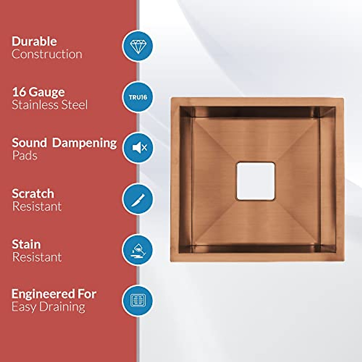 Strictly Sinks Undermount Copper Bar Prep Sink – 18 Inch Single Bowl 16 Gauge Stainless Steel Undermount Bar Sink – Tight Radius Corners Kitchen & Bar Sink With Drain Kit