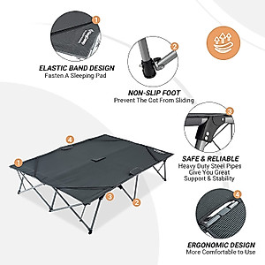 KingCamp Folding Camping Cot Adjustable Heavy Duty Outdoor Oversized Adult Wide, 84.6''x 55.1''x18.9'', Grey-double
