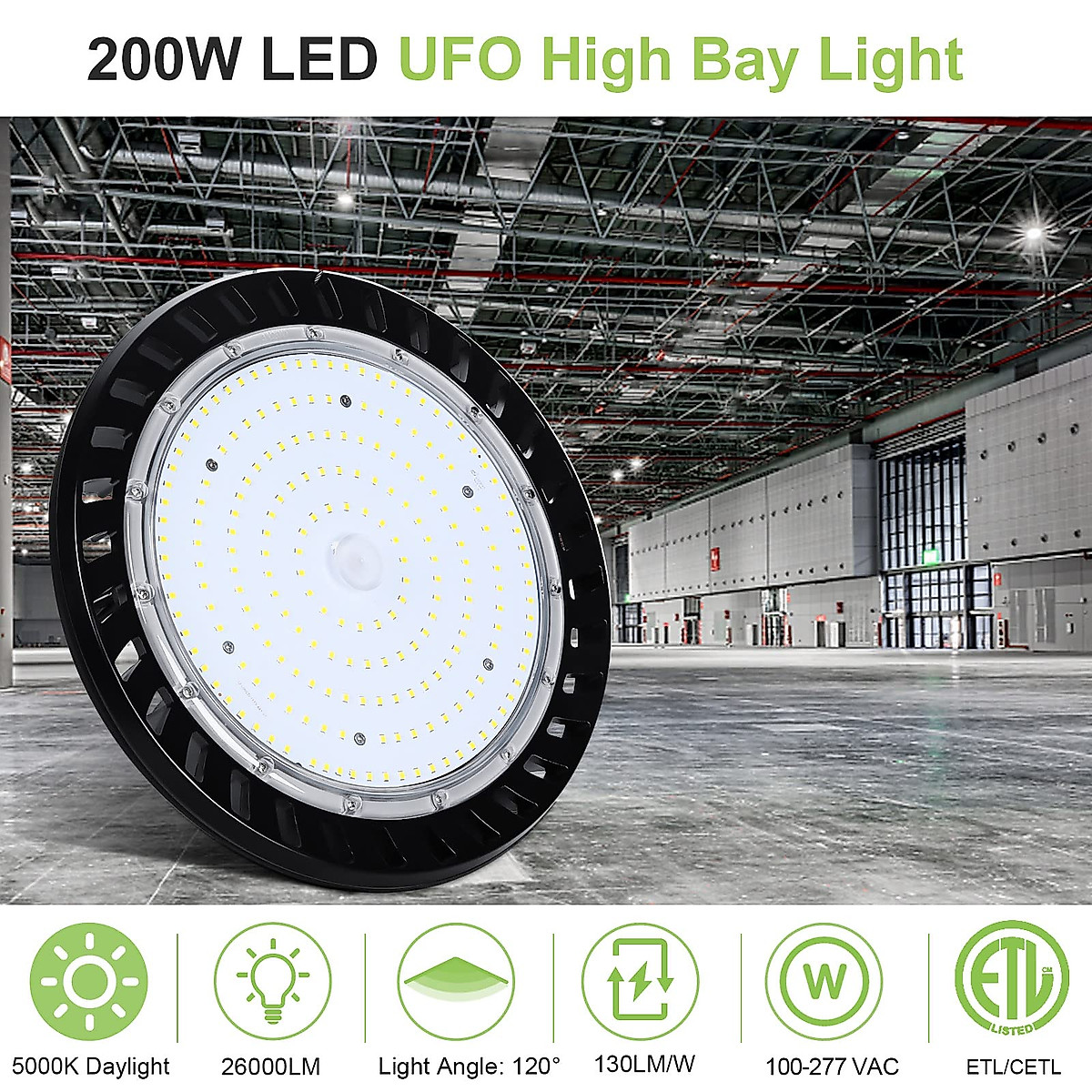 hykolity 2 Pack LED High Bay Light 200W, 5000K UFO LED High Bay Light Fixture with US Plug [600W MH/HPS Equiv.] 100-277V, 26,000lm, IP65 Commercial Warehouse Area Light for Wet Location
