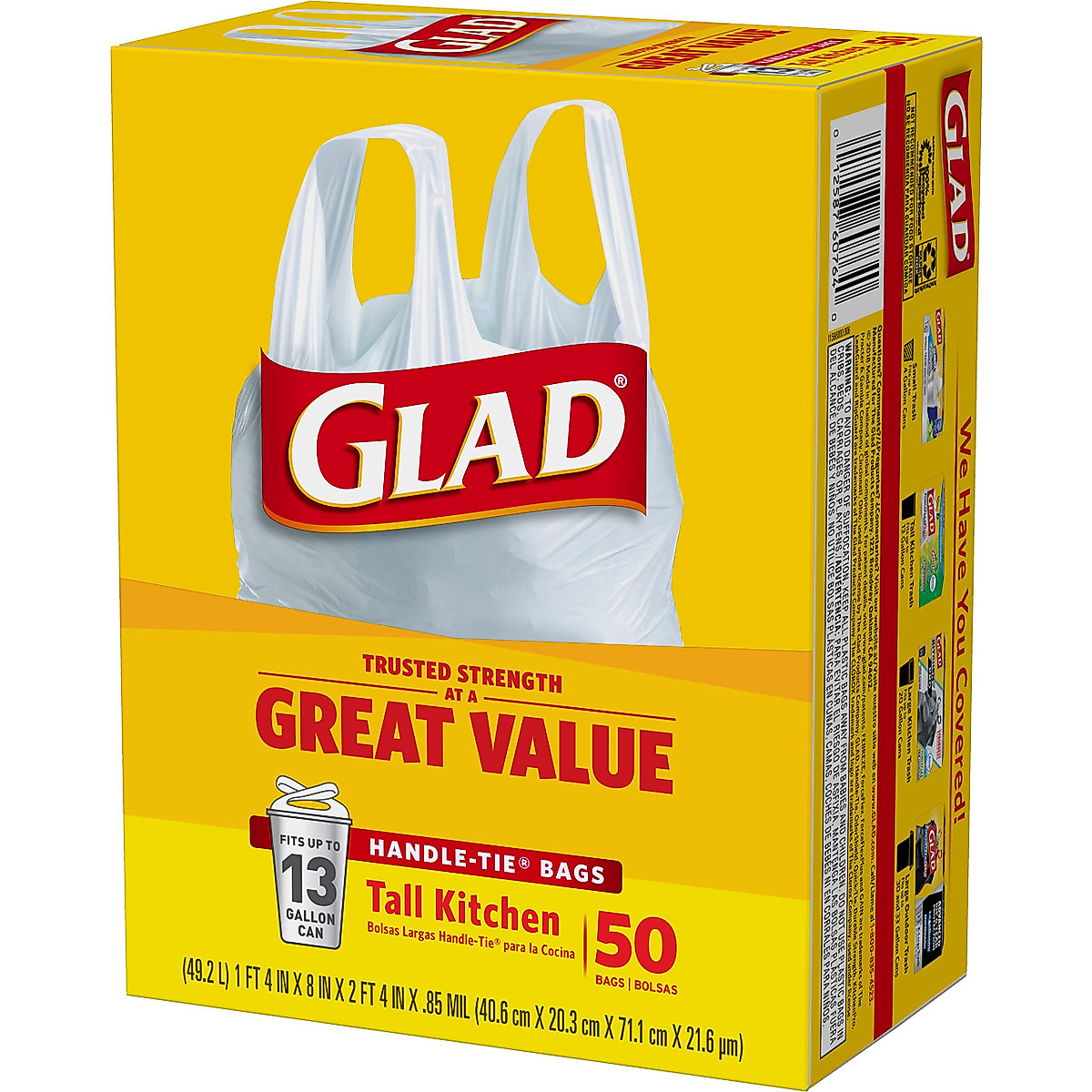 Glad® Tall Kitchen Handle-Tie® Trash Bags - 13 Gallon White Trash Bag - 50 Count (Package May Vary)