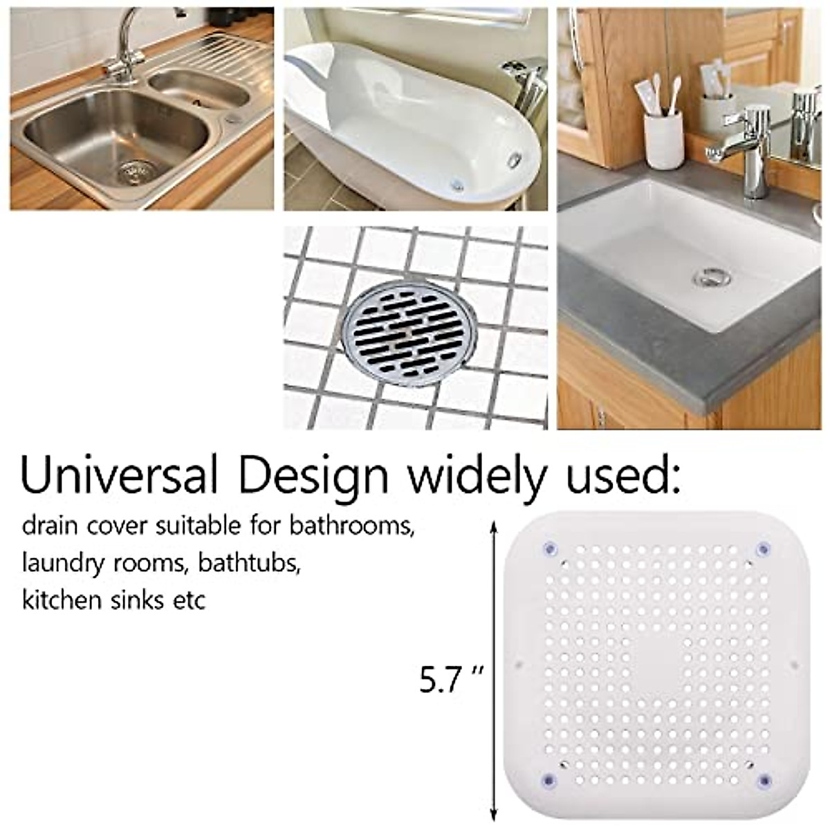 Drain Hair Catcher, 4 Pack Square Drain Cover for Shower Silicone Hair Stopper Bathroom Sink Strainer with Adjustable Suction Cups (2 Grey + 2 White)