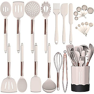 Silicone Cooking Utensil Set, Fungun Kitchen Utensils Set with Copper Handle 24 Pcs Kitchen Gadgets Tools Set, Non-stick Heat Resistant Kitchen Spatulas Set - Khaki…